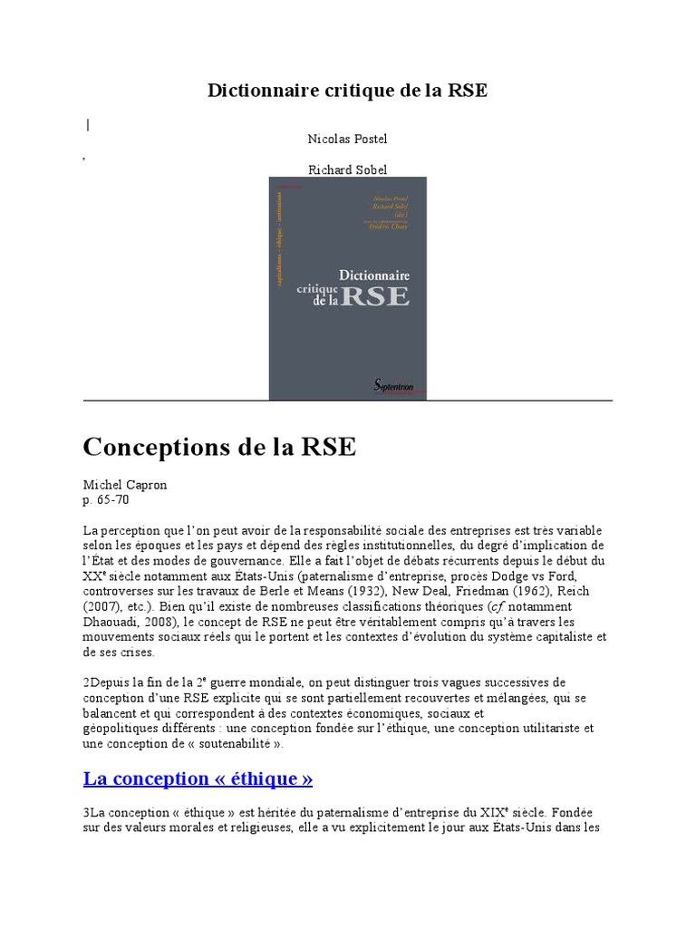 Dictionnaire Critique de La RSE | PDF | Responsabilité sociétale des entreprises | Sociétés