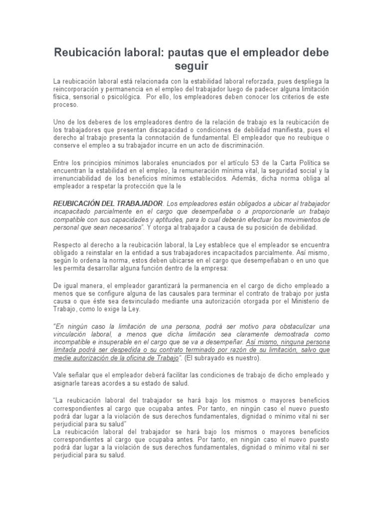 Reubicacion Laboral Documento | PDF | Derecho laboral | Seguridad y salud ocupacional