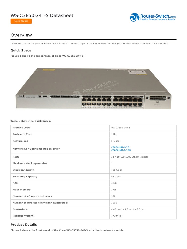 Ws c3850 24t S Datasheet | PDF | Internet Architecture | Physical Layer Protocols