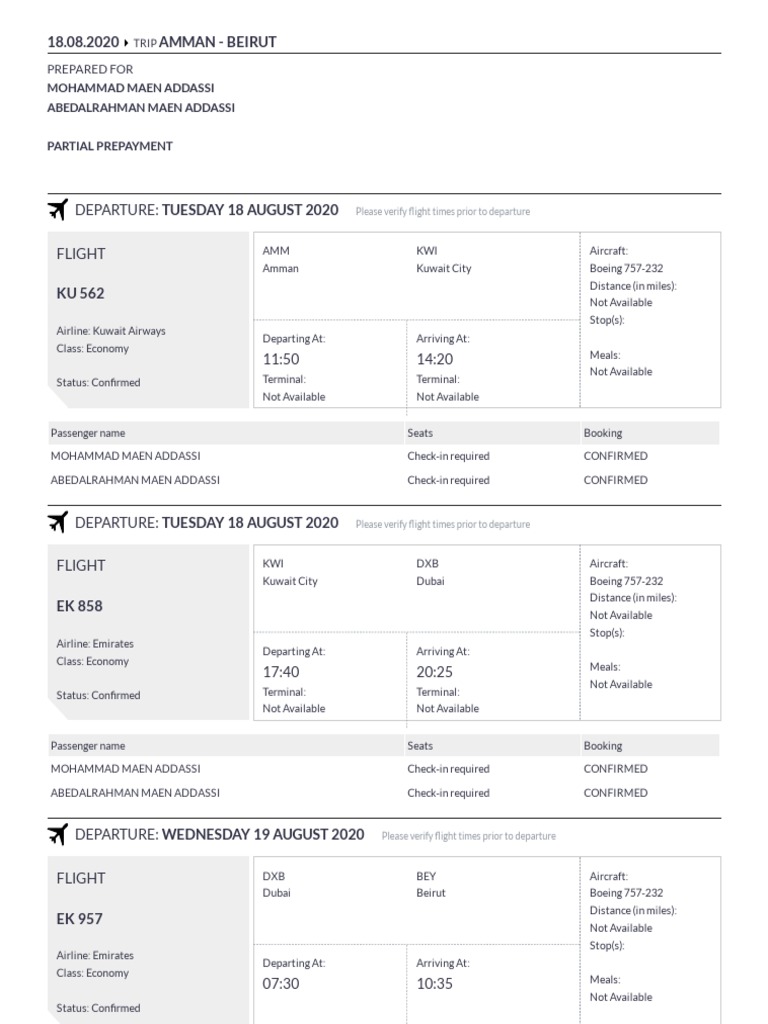 Trip Itinerary from Amman to Beirut with Connecting Flights through ...
