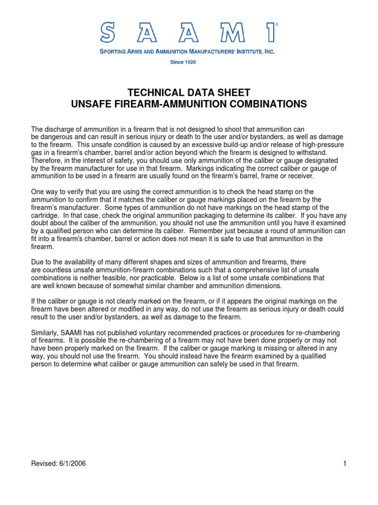 Technical Data Sheet Unsafe Firearm-Ammunition Combinations | PDF ...