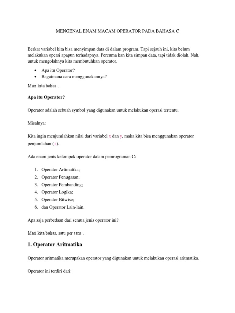 Mengenal Operator Bahasa C | PDF | Metode & Bahan Ajar | Komputer
