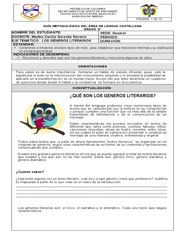 Guía Lengua Castellana 6° Generos Literarios-. | PDF | Narrativa | Teatro