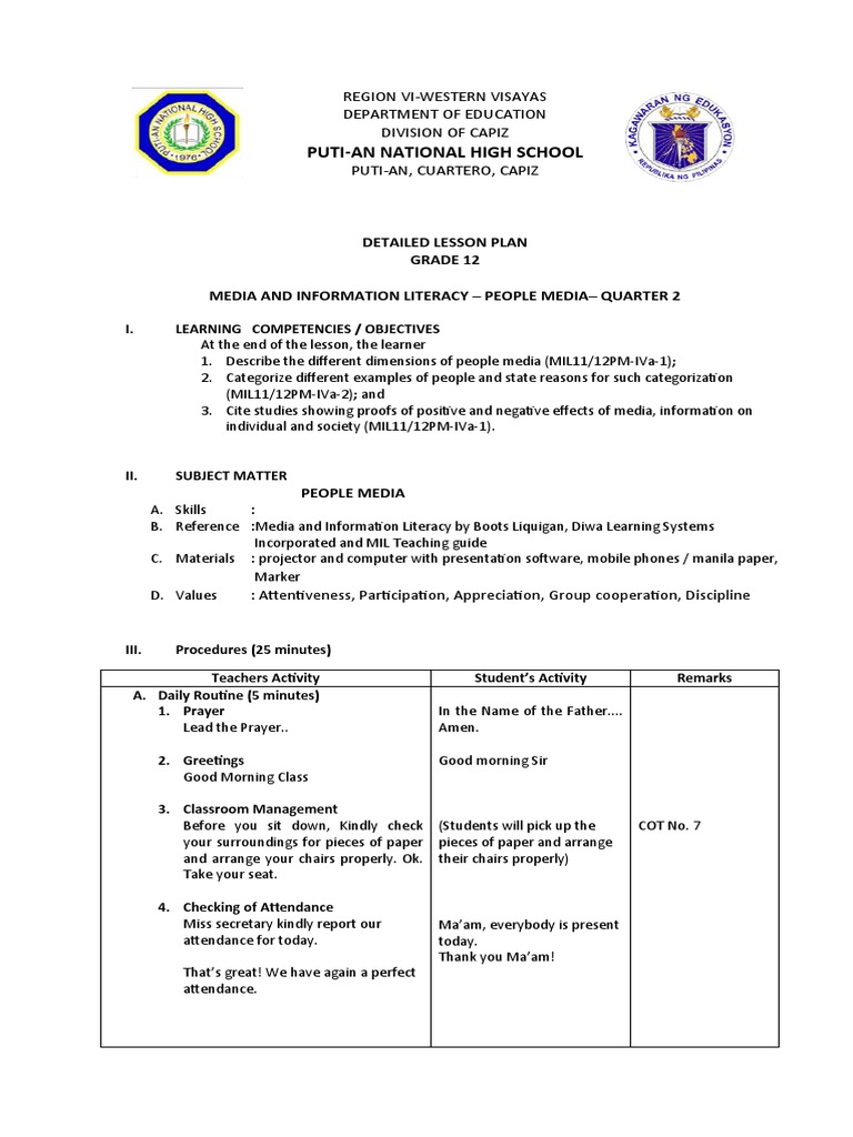 Puti-An National High School: Detailed Lesson Plan Grade 12 Media and ...