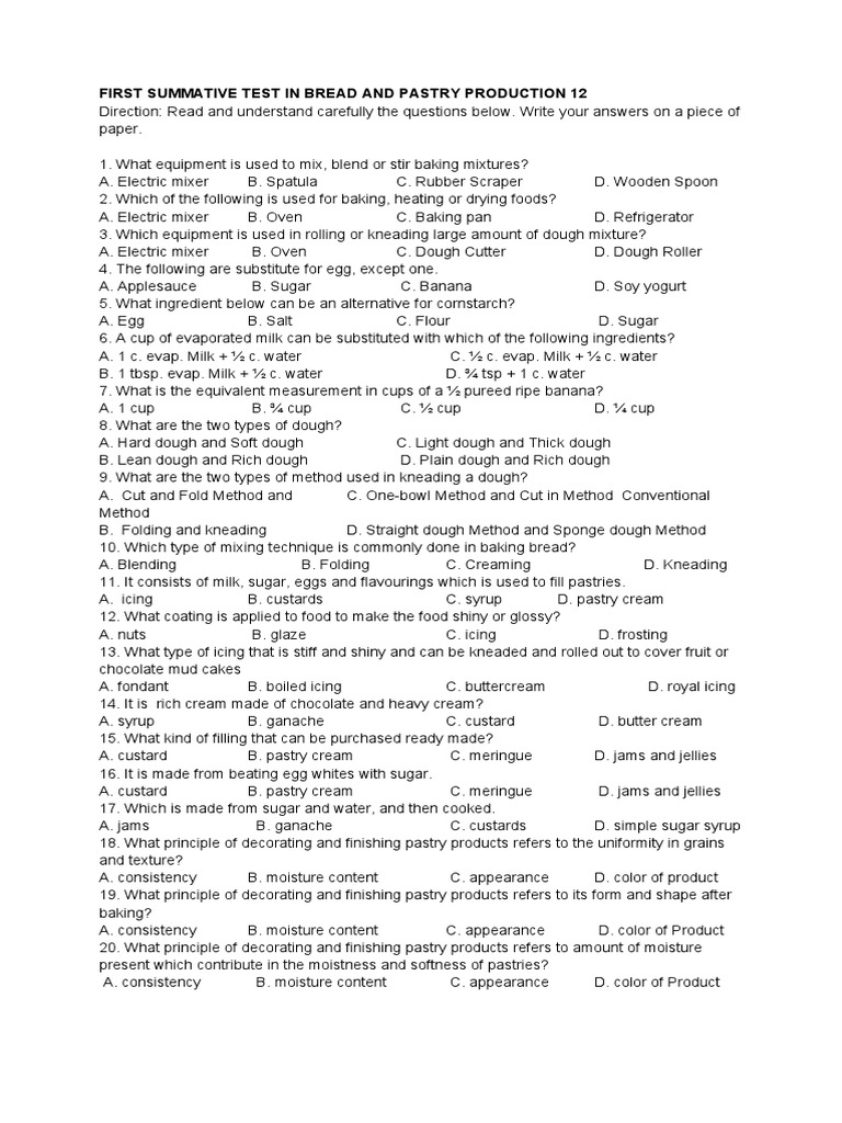 First Summative Test in Bread and Pastry Production 12 | PDF | Dough ...
