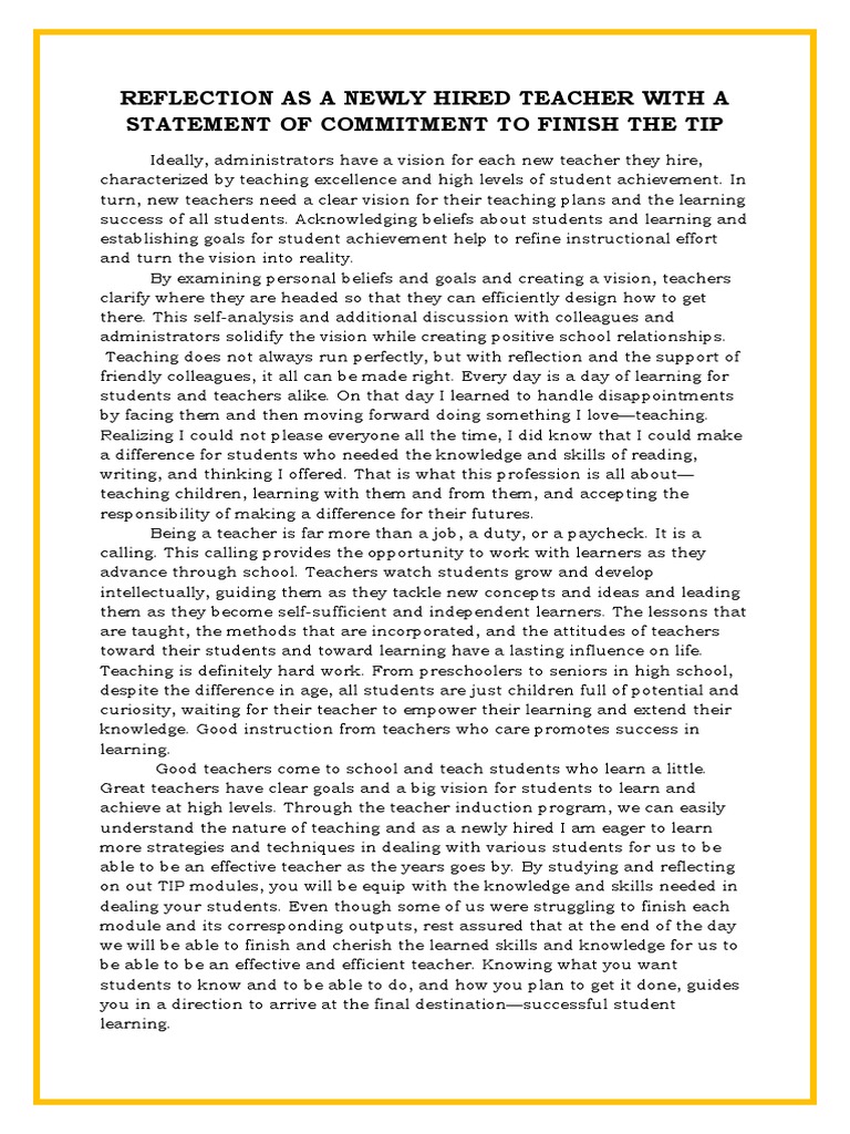 Reflection As A Newly Hired Teacher With A Statement of Commitment To ...