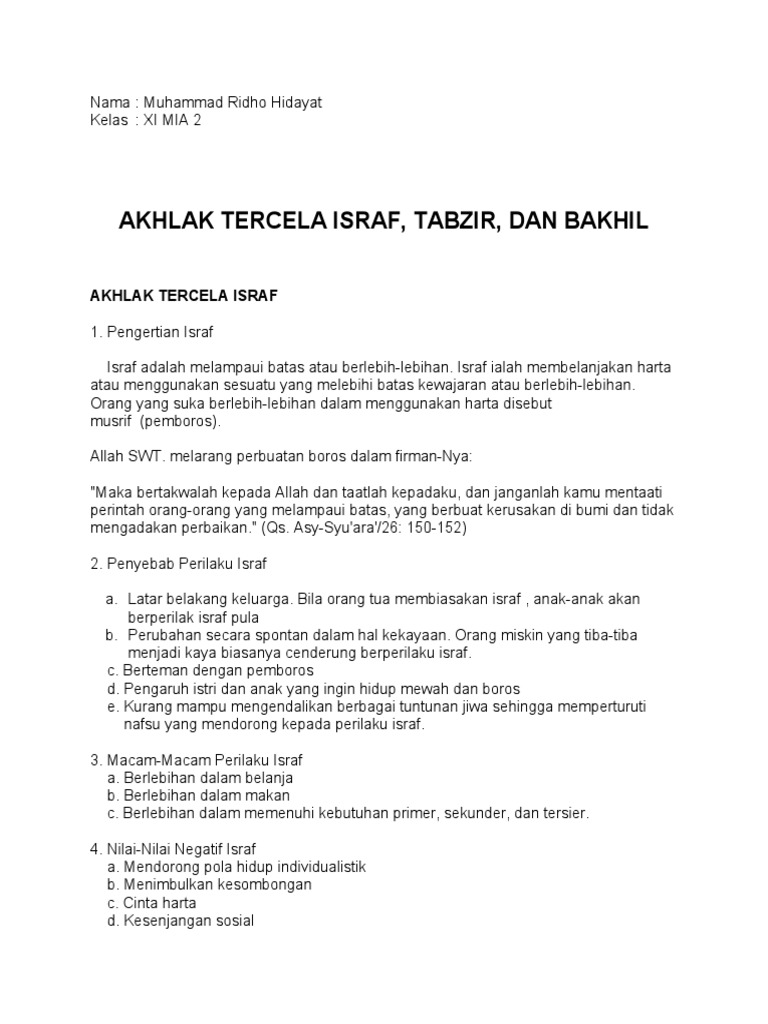 Akhlak Tercela Israf, Tabzir, Dan Bakhil | PDF