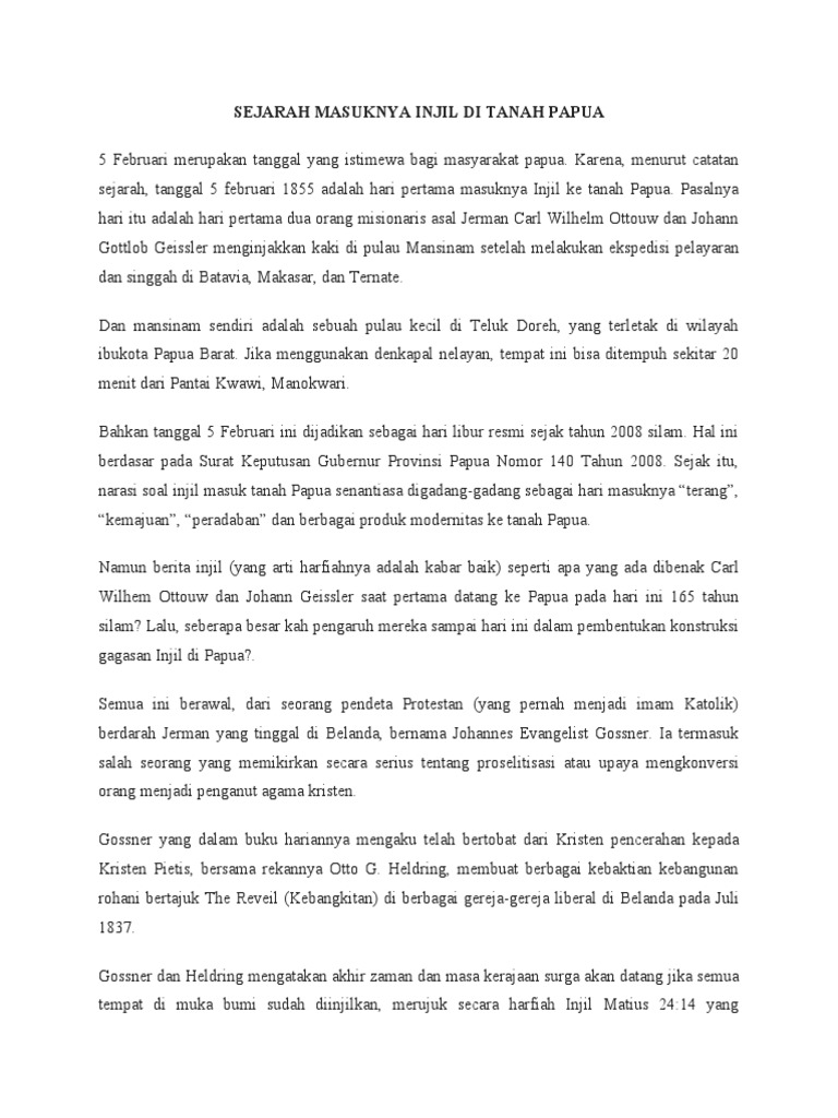Sejarah Masuknya Injil Di Tanah Papua | PDF