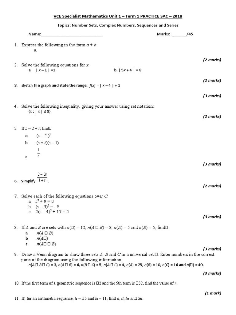 Spec Maths Practice SAC 1 2021 | PDF | Mathematical Concepts | Mathematical Analysis