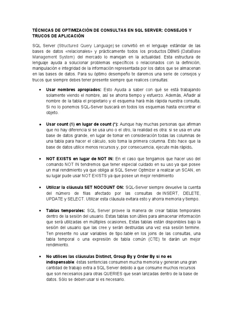 014 - Técnicas de Optimización de Consultas en SQL Server | PDF | SQL ...