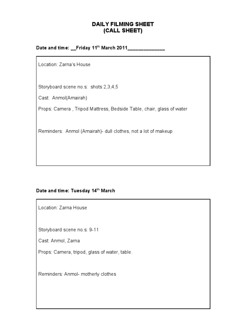 Daily Film Shooting Schedule Template | PDF