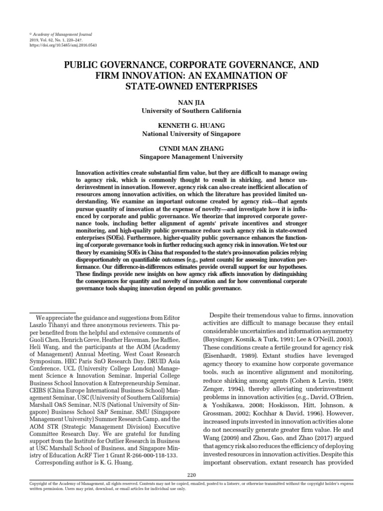 Public Governance, Corporate Governance, and Firm Innovation: An Examination of State-Owned ...