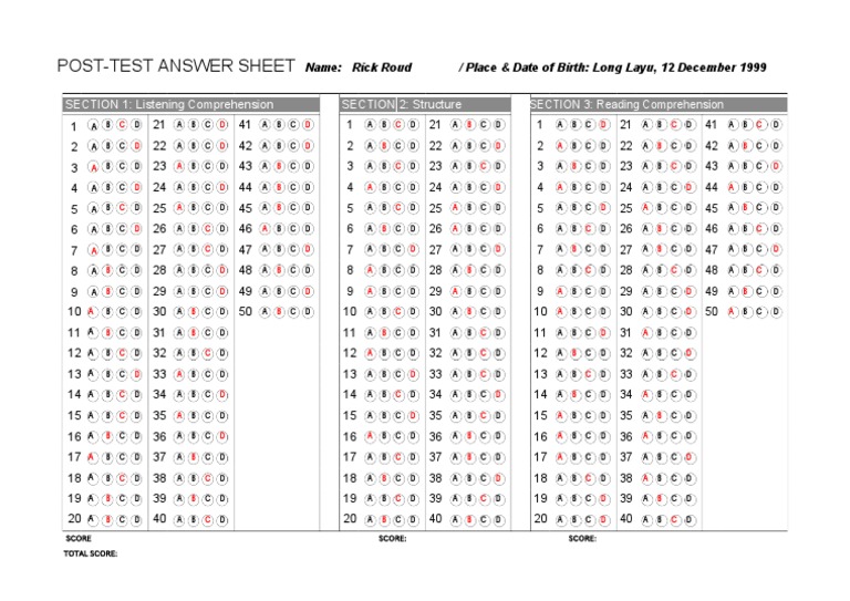 Post-Test Answer Sheet: SECTION 1: Listening Comprehension SECTION 2 ...