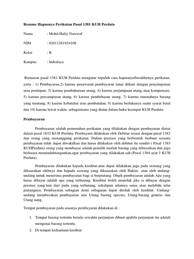 Hapusnya Perikatan Menurut Pasal 1381 KUH Perdata | PDF