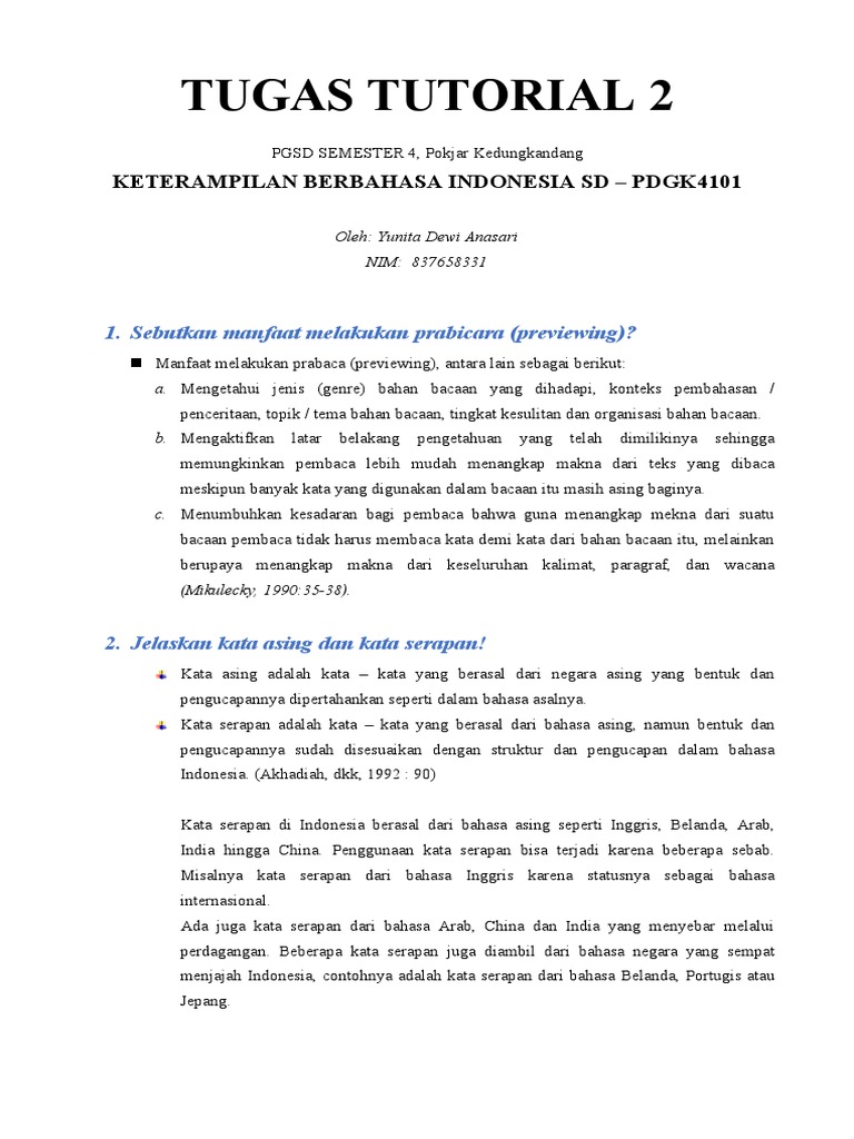 TUGAS TUTORIAL 2, Ketrampilan Berbahasa Indonesia SD | PDF