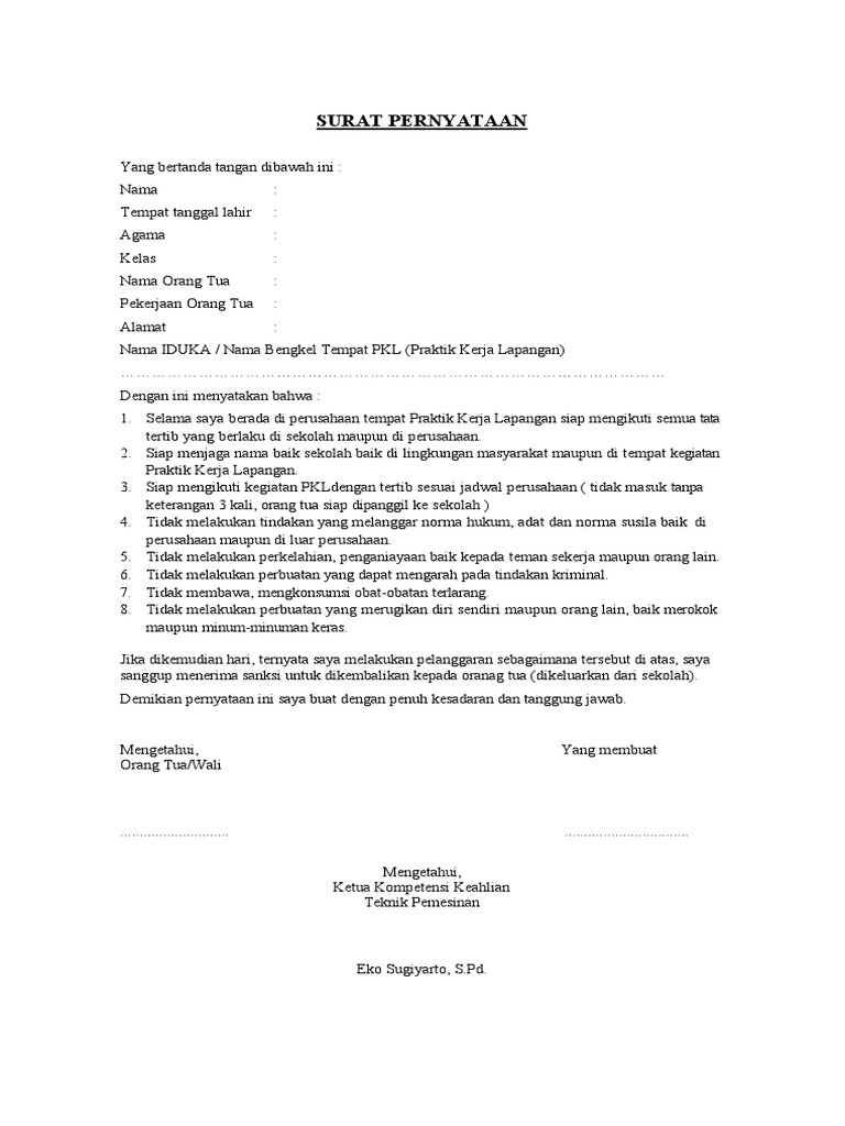 Surat Pernyataan PKL Xi TP 1-3 | PDF