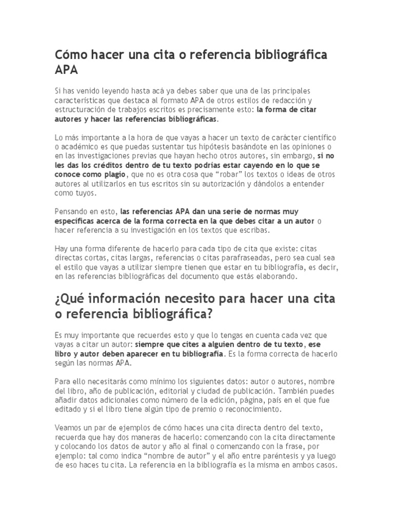 Cómo Hacer Una Cita o Referencia Bibliográfica APA | PDF | Estilo apa ...