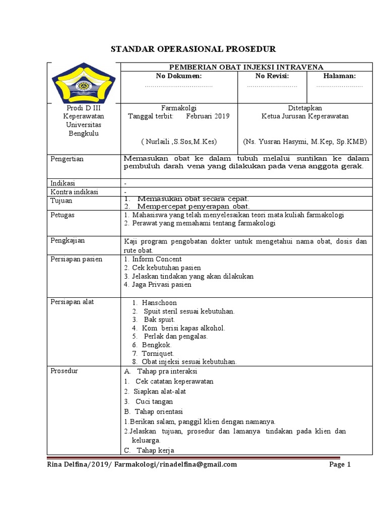 SOP Pemberian Obat Injeksi IV | PDF | Sains & Matematika