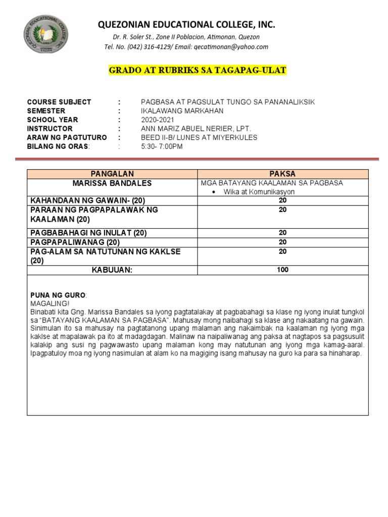 Rubriks at Grado Sa Pag Uulat | PDF