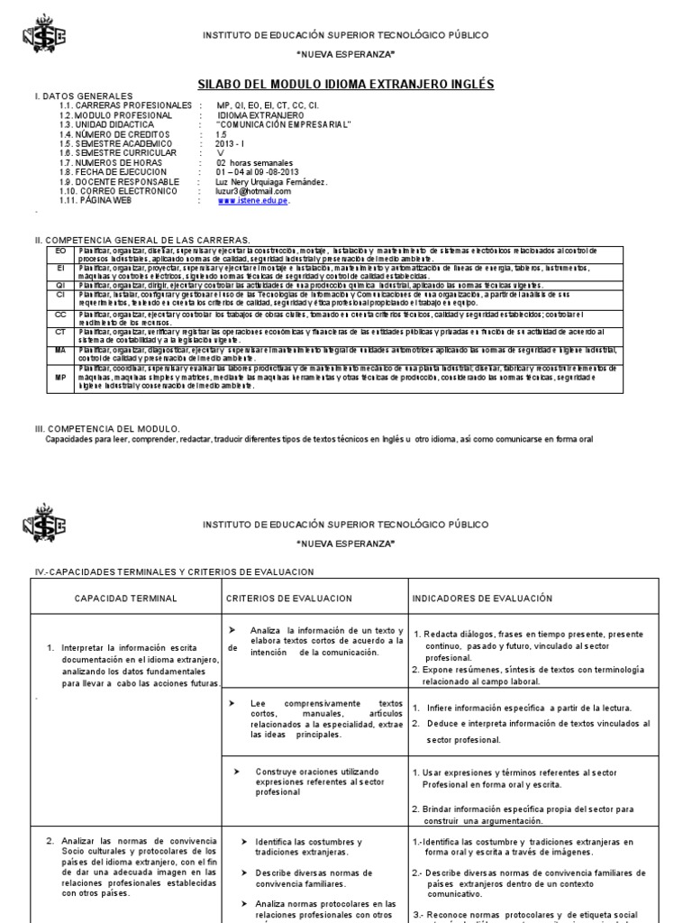 Silabo Ingles Iste Nueva Esperanza 2013 | PDF | Seguridad y salud ocupacional | Evaluación
