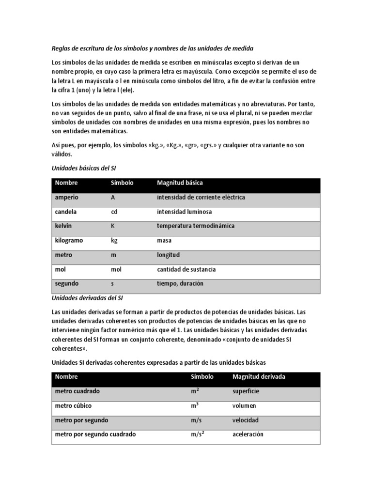 Reglas de Escritura de Los Símbolos y Nombres de Las Unidades de Medida ...