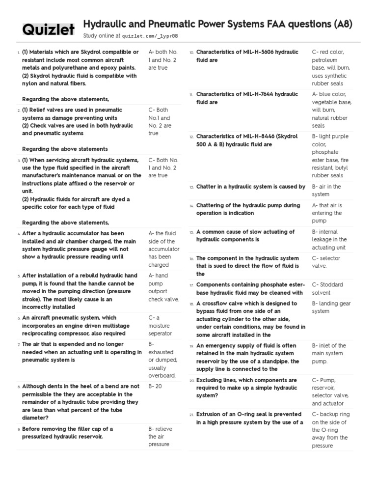 Hydraulic and Pneumatic Power Systems FAA Questions (A8) | Download ...