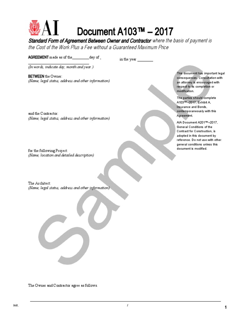 A103 - 2017.sample2-Cost Plus Contract Without GMP | PDF | General ...