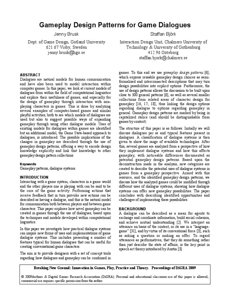Gameplay Design Patterns For Dialogue | PDF | System | Design