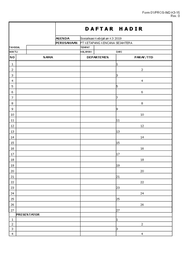 Daftar Hadir Sosialisasi Kebijakan K3 | PDF