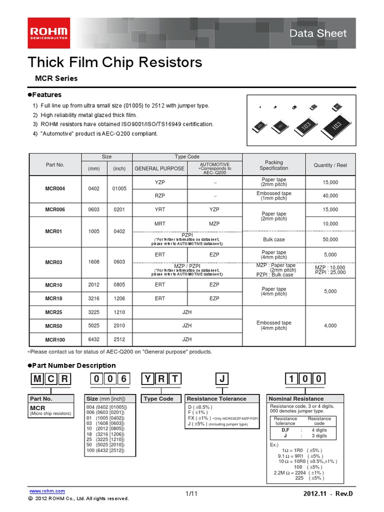 Thick Film Chip Resistors: MCR Series | PDF | Electrical Resistance And ...