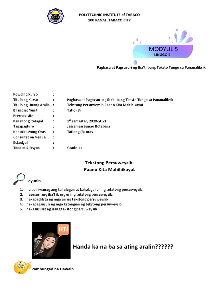 Pagbasa at Pagsusuri NG Iba't Ibang Teksto Tungo Na Pananaliksik Week 5 ...