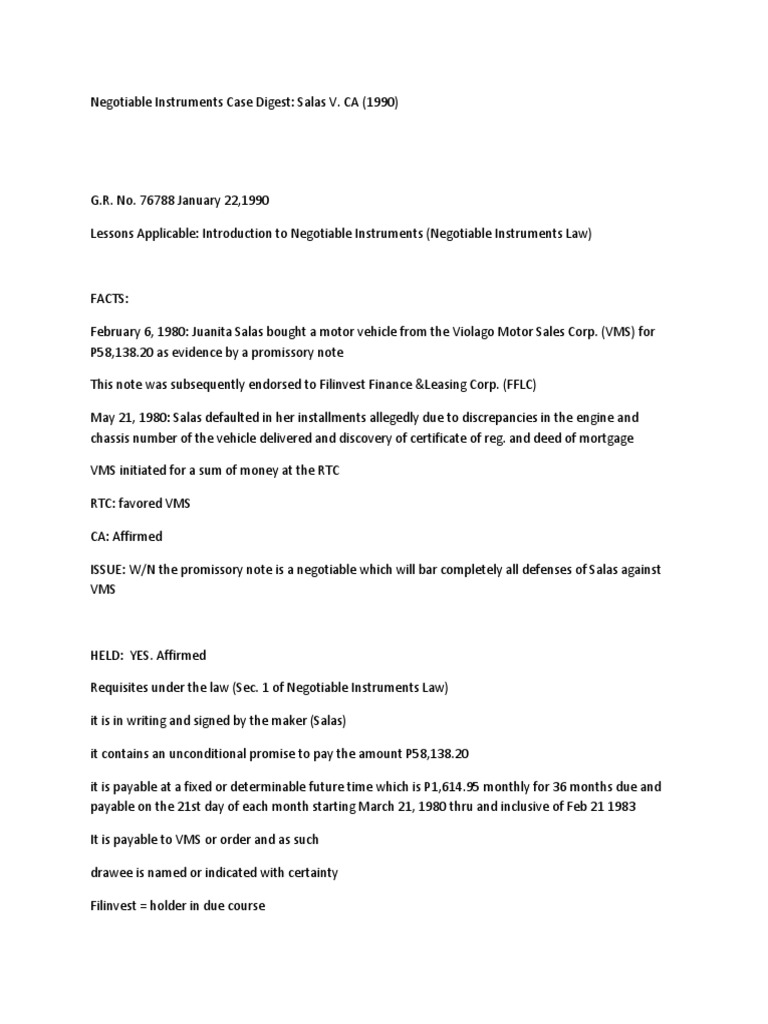 Negotiable Instruments Case Digest 6 PDF Free | PDF | Negotiable Instrument | Cheque