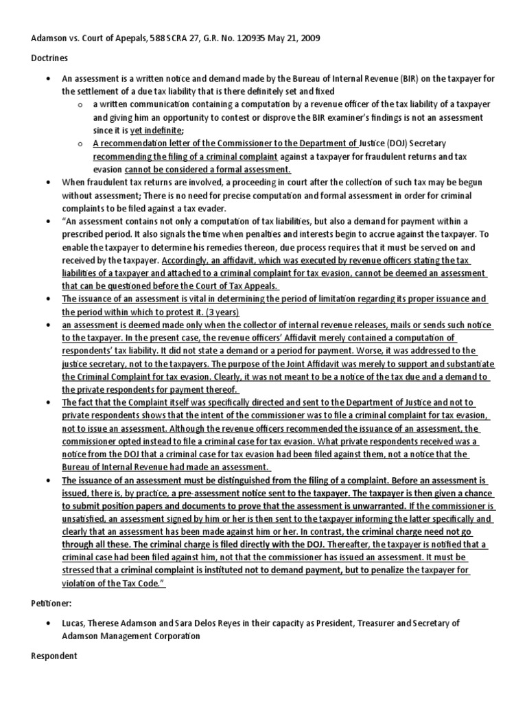 Adamson Vs | PDF | Taxpayer | Complaint