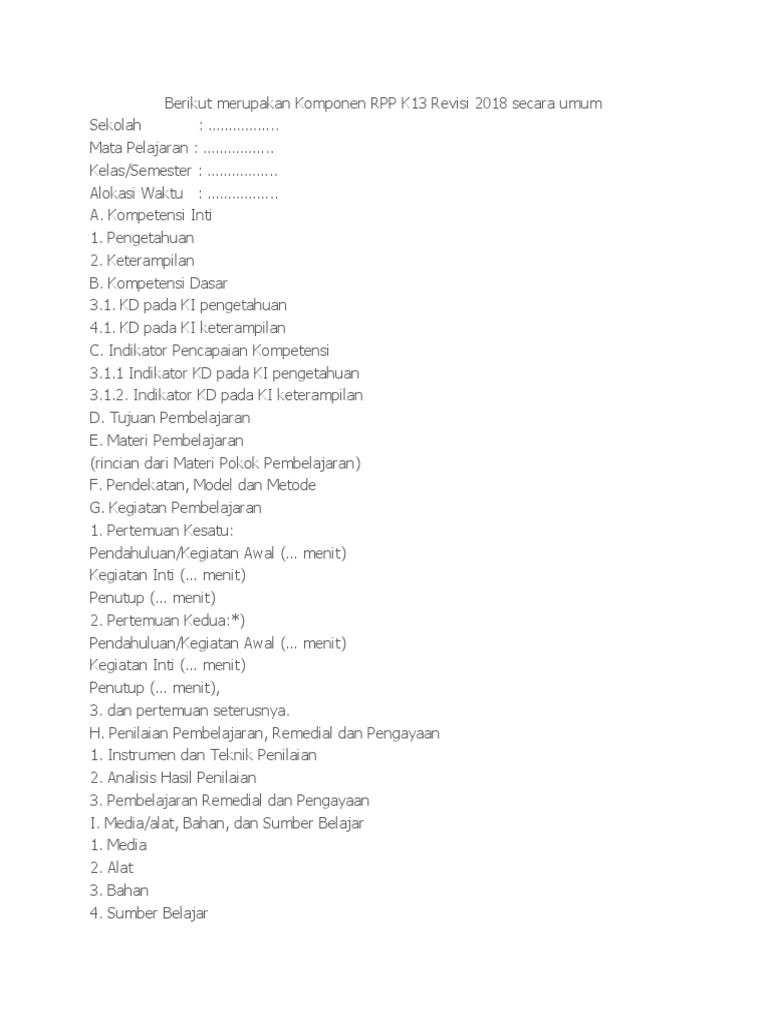 Komponen RPP K13 Revisi 2018 Secara Umum | PDF