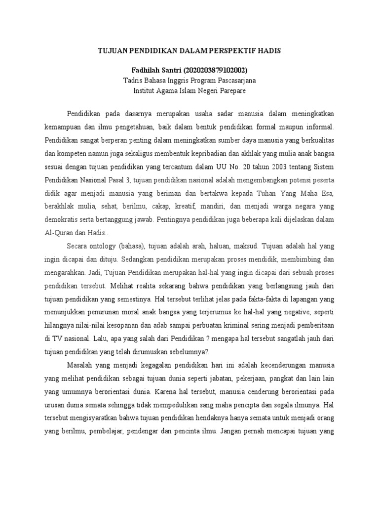 Tujuan Pendidikan Dalam Perspektif Hadis | PDF | Agama & Spiritualitas