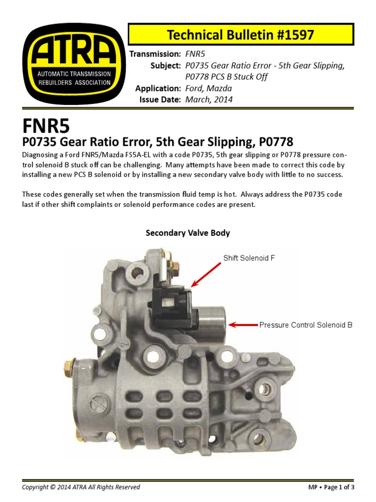 Technical Bulletin #1597: P0735 Gear Ratio Error, 5th Gear Slipping ...