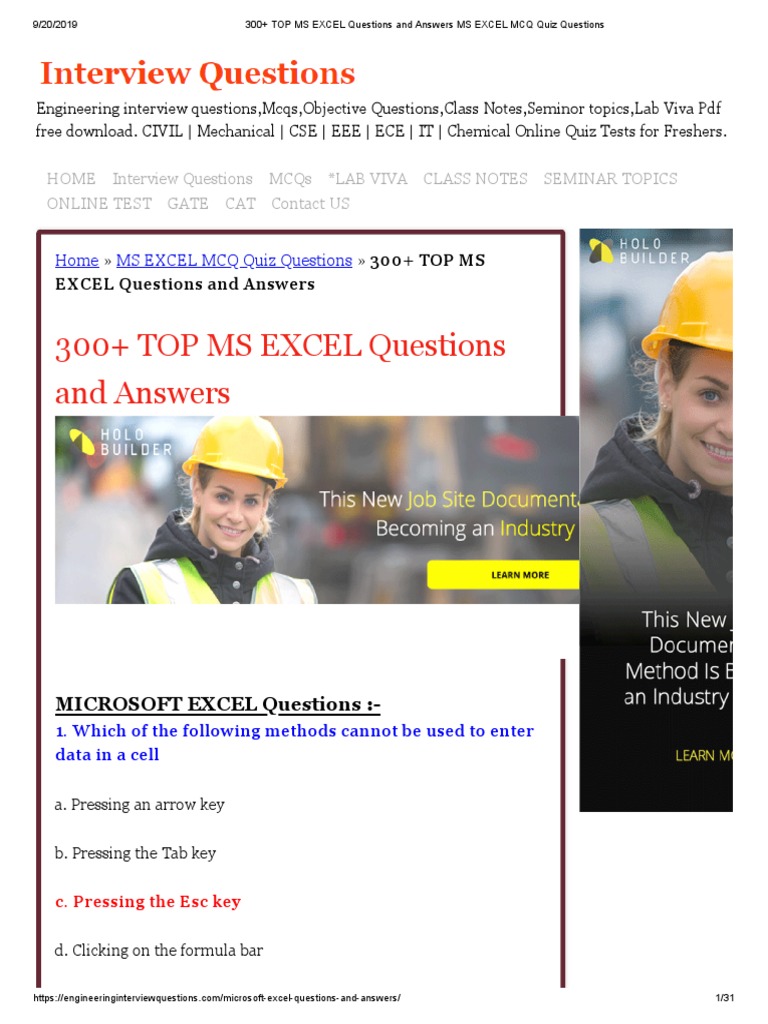 300+ MS Excel MCQs and Answers | PDF | Microsoft Excel | Worksheet