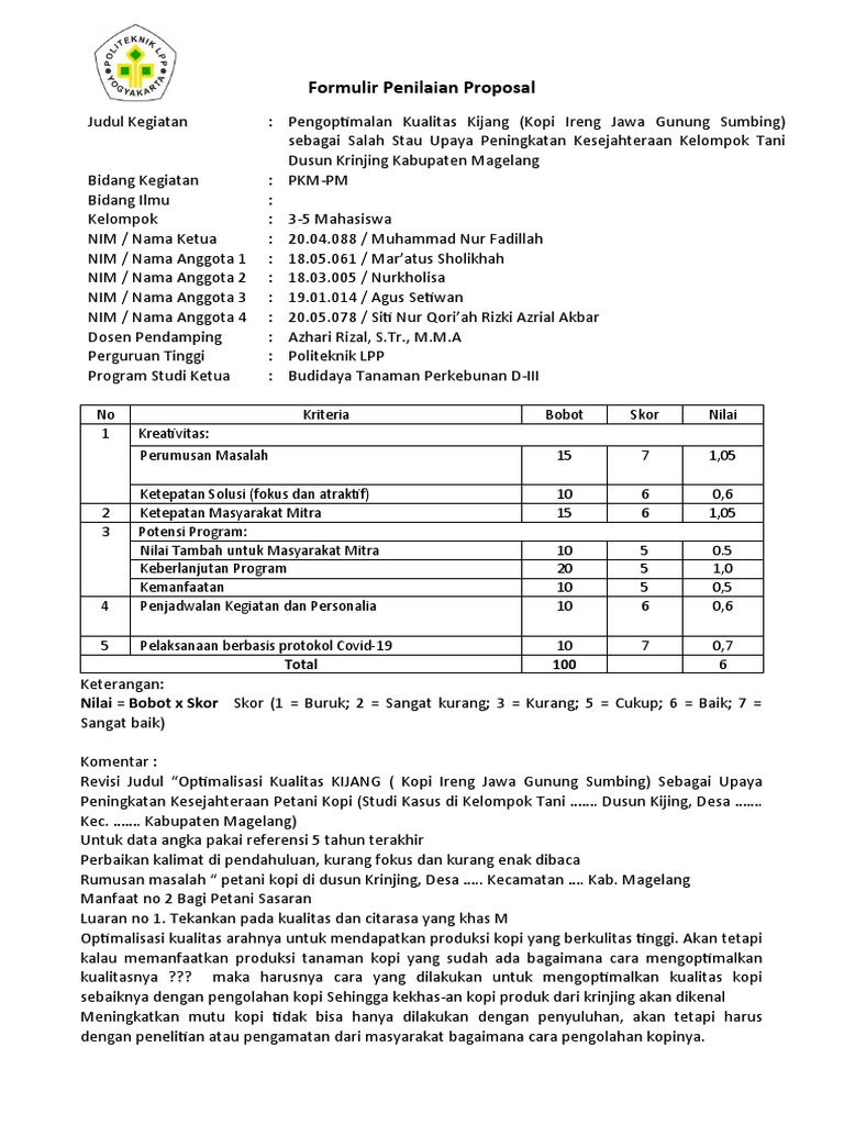 Formulir Penilaian Proposal PKM-PM Tim Nur Fadillah | PDF