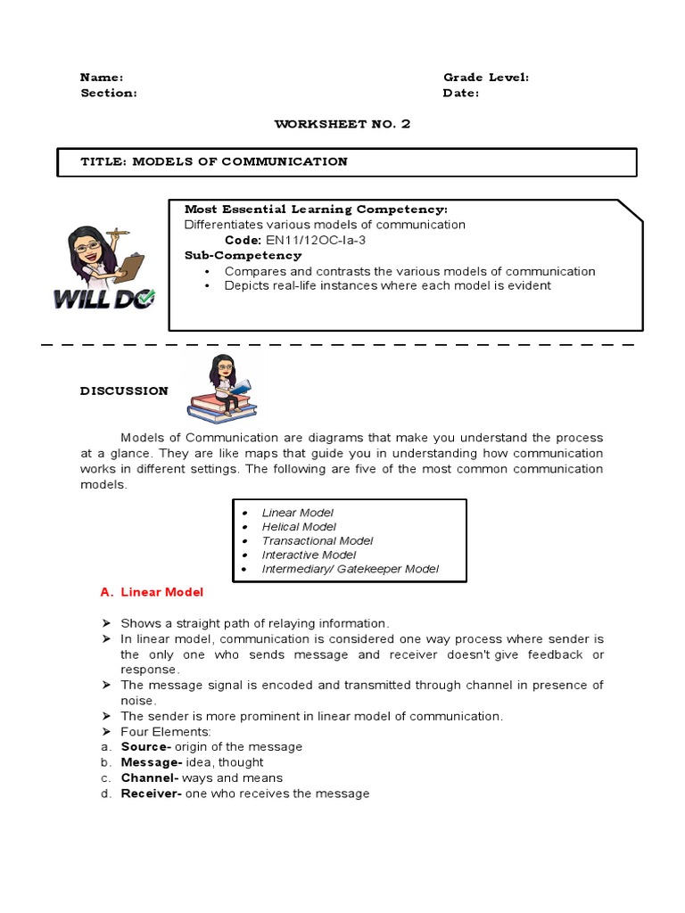 Name: Grade Level: Section: Date: Worksheet No. 2 Title: Models of ...