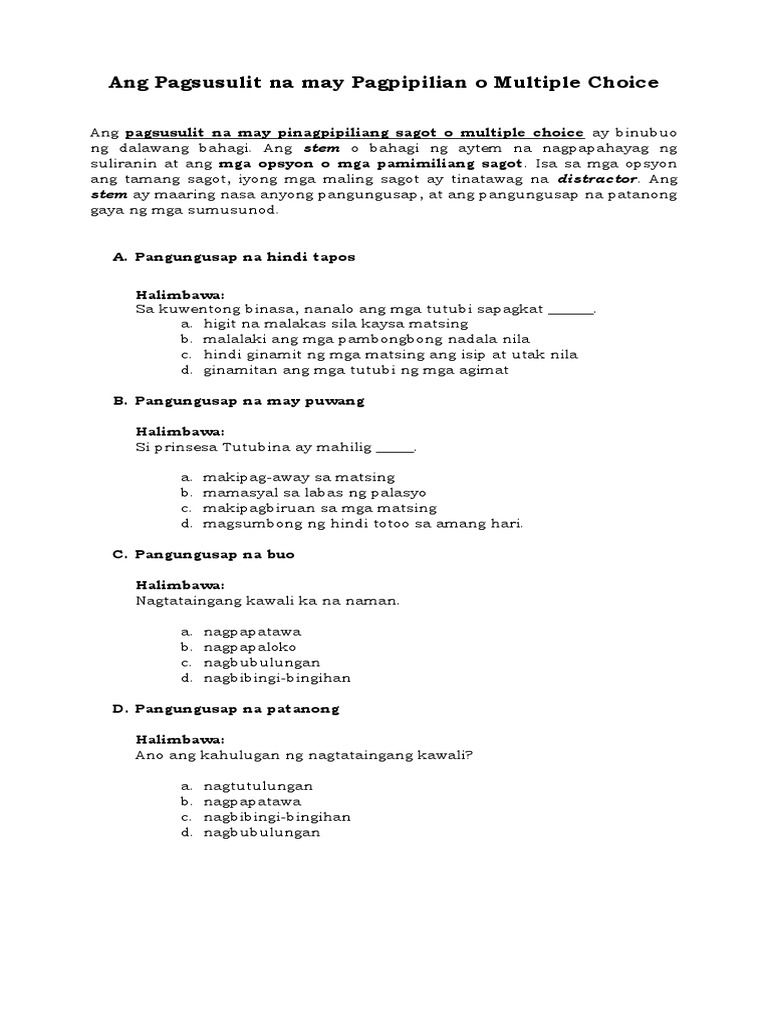Ang Pagsusulit Na May Pagpipilian o Multiple Choice | PDF