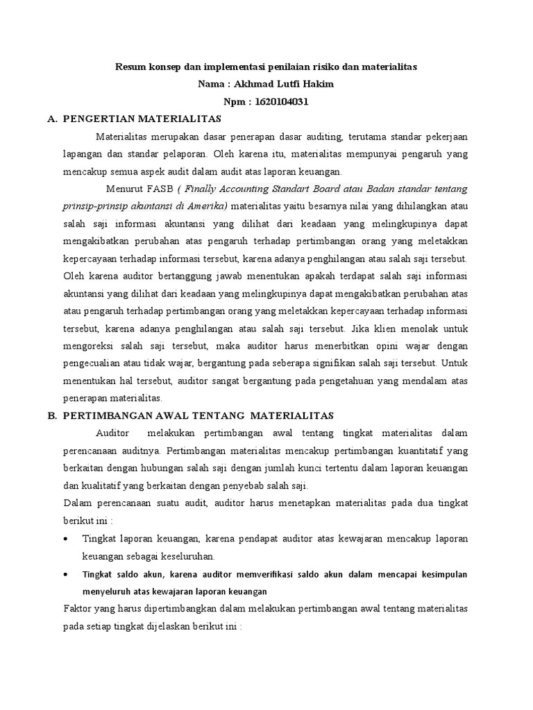 Resum Konsep Dan Implementasi Penilaian Risiko Dan Materialitas | PDF ...