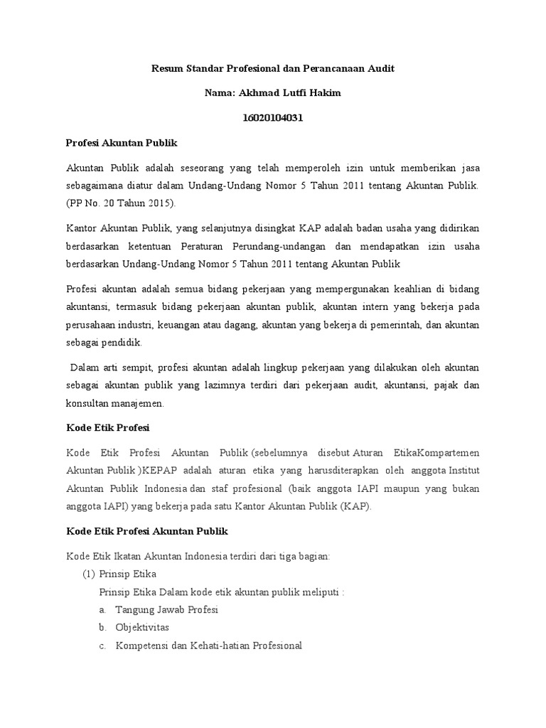 Resum Standar Profesional Dan Perancanaan Audit | PDF | Bisnis | Pengelolaan Keuangan & Uang