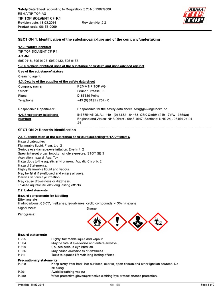 GB en Tip Top Solvent CF-R4 0009 | PDF | Firefighting | Dangerous Goods