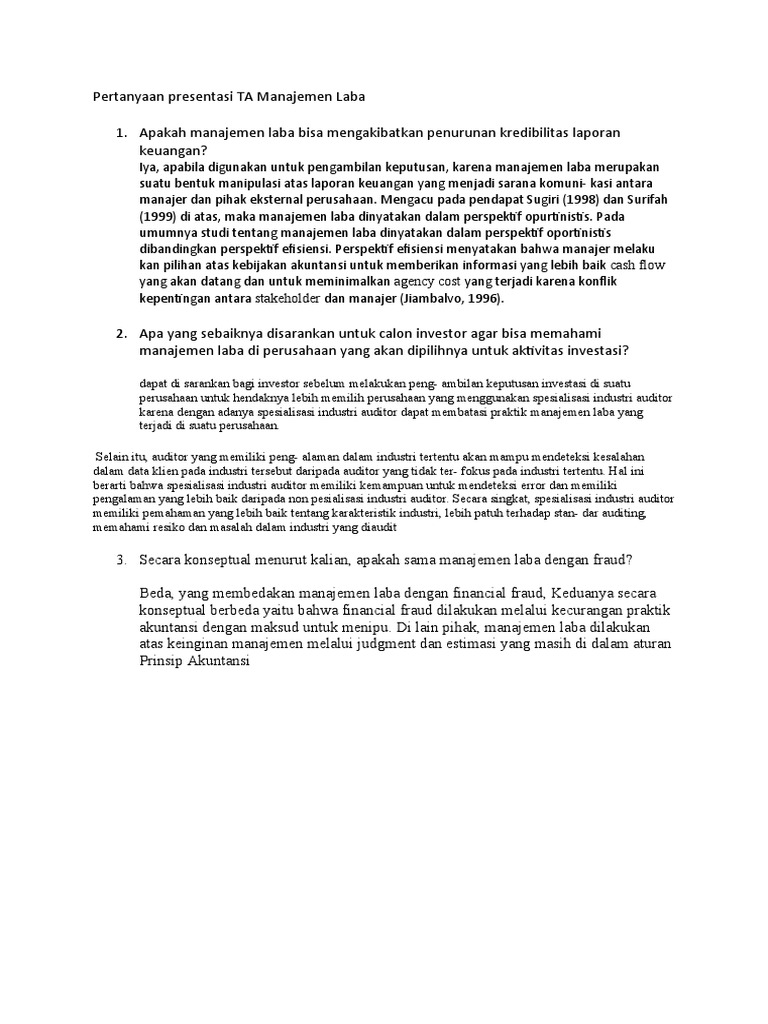 Pertanyaan Presentasi TA Manajemen Laba | PDF