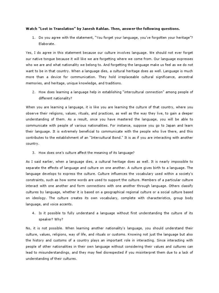 Watch "Lost in Translation" by Janesh Rahlan. Then, Answer The ...