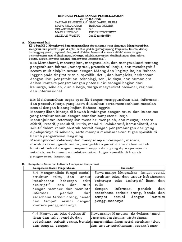 RPP Descriptive Text Kelas X SMK Revisi | PDF