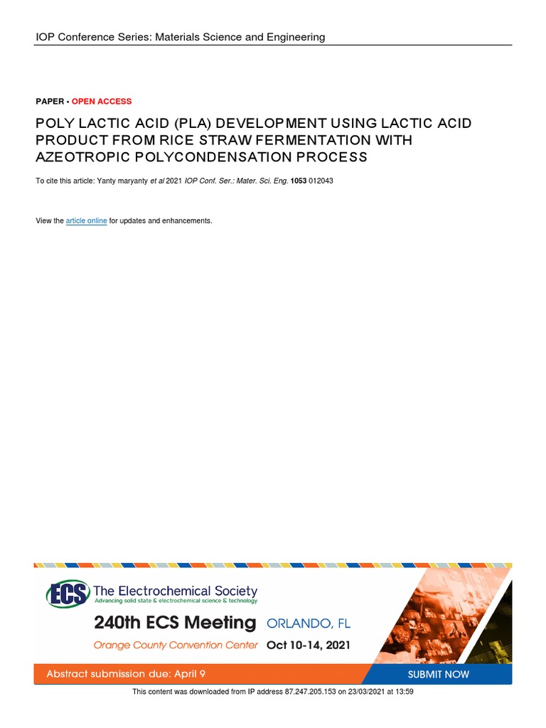 Poly Lactic Acid (Pla) Development Using Lactic Acid Product From Rice ...