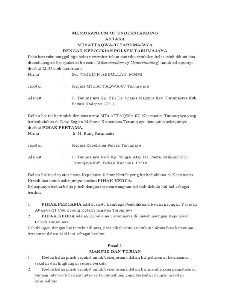 Contoh Mou Sekolah Dengan Kepolisian | PDF