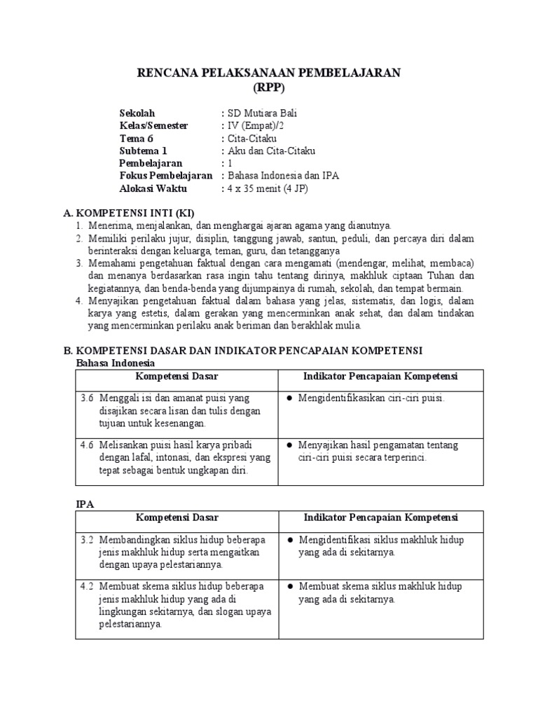 RPP Tema 6 Subtema 1 | PDF