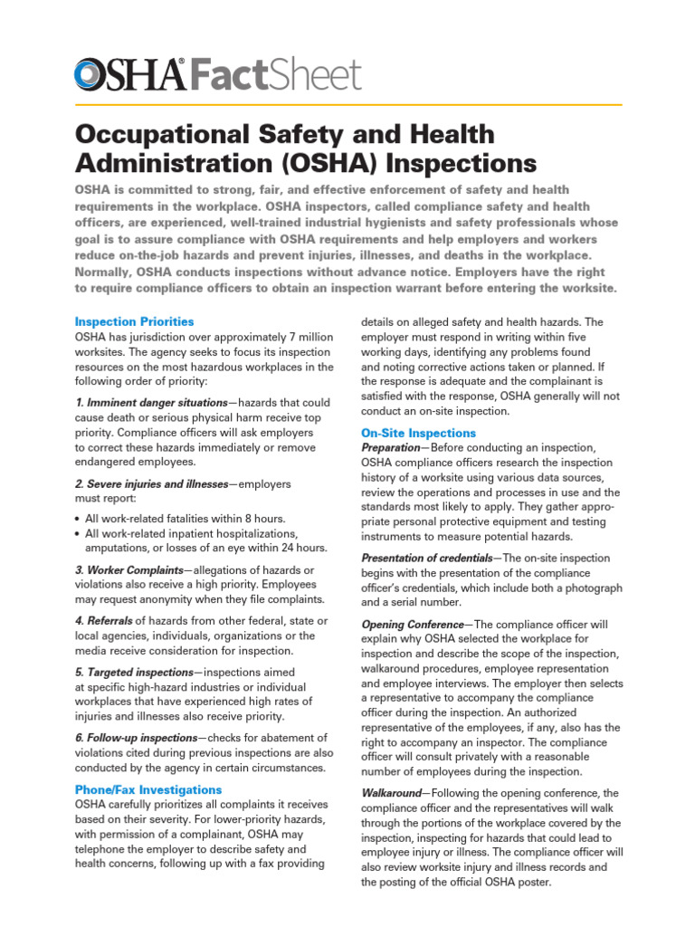 Factsheet: Occupational Safety and Health Administration (Osha ...